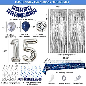 15th Birthday Decorations for Boys and Girls Blue Silver, Happy 15th Birthday Decorations Banner Birthday Balloons Number 15 Tablecloth Fringe Curtains Hanging Swirls, 15 Years Old Bday Party Supplies