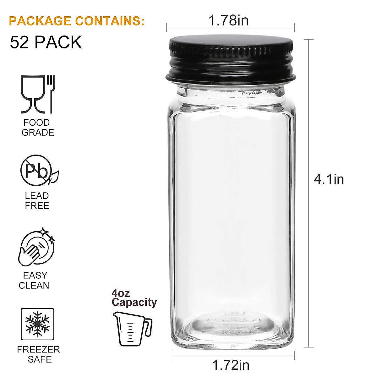 Accguan Spice Jars,4oz Glass Spice Bottles with Black Lids,Spice Labels and Stylus and Funnel, Perfect for Kitchen Countertop Storage,Cabinet Storage, Dining Room, and Gifts(52pcs)