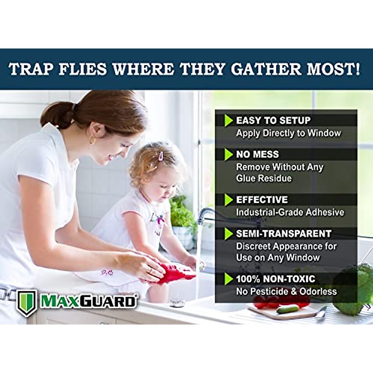 MaxGuard Window Fly Traps (24 XL Traps) Catch & Kill Houseflies, Flying Insects & Bugs. Non-Toxic Sticky Glue Traps Fly Killer Clear Strip Insect Catcher Safe No Zapping with Zapper |
