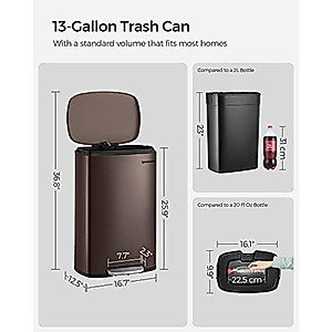 SONGMICS 13 Gallon Trash Can, Stainless Steel Kitchen Garbage Can, Recycling or Waste Bin, Soft Close, Step-On Pedal, Removable Inner Bucket, Brown ULTB50BR