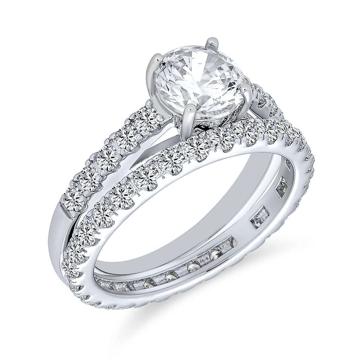 1CT Brilliant Cubic Zirconia Round Princess Cut Solitaire Cathedral Setting Thin Eternity Pave Band AAA CZ Anniversary Engagement Wedding Ring Set .925 Sterling Silver Size 7