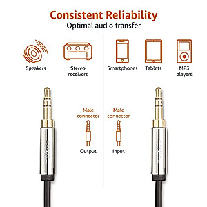 Amazon Basics 2-Pack 3.5mm Aux Audio Cable for Stereo Speaker or Subwoofer with Gold-Plated Plugs, 4 Foot, Black