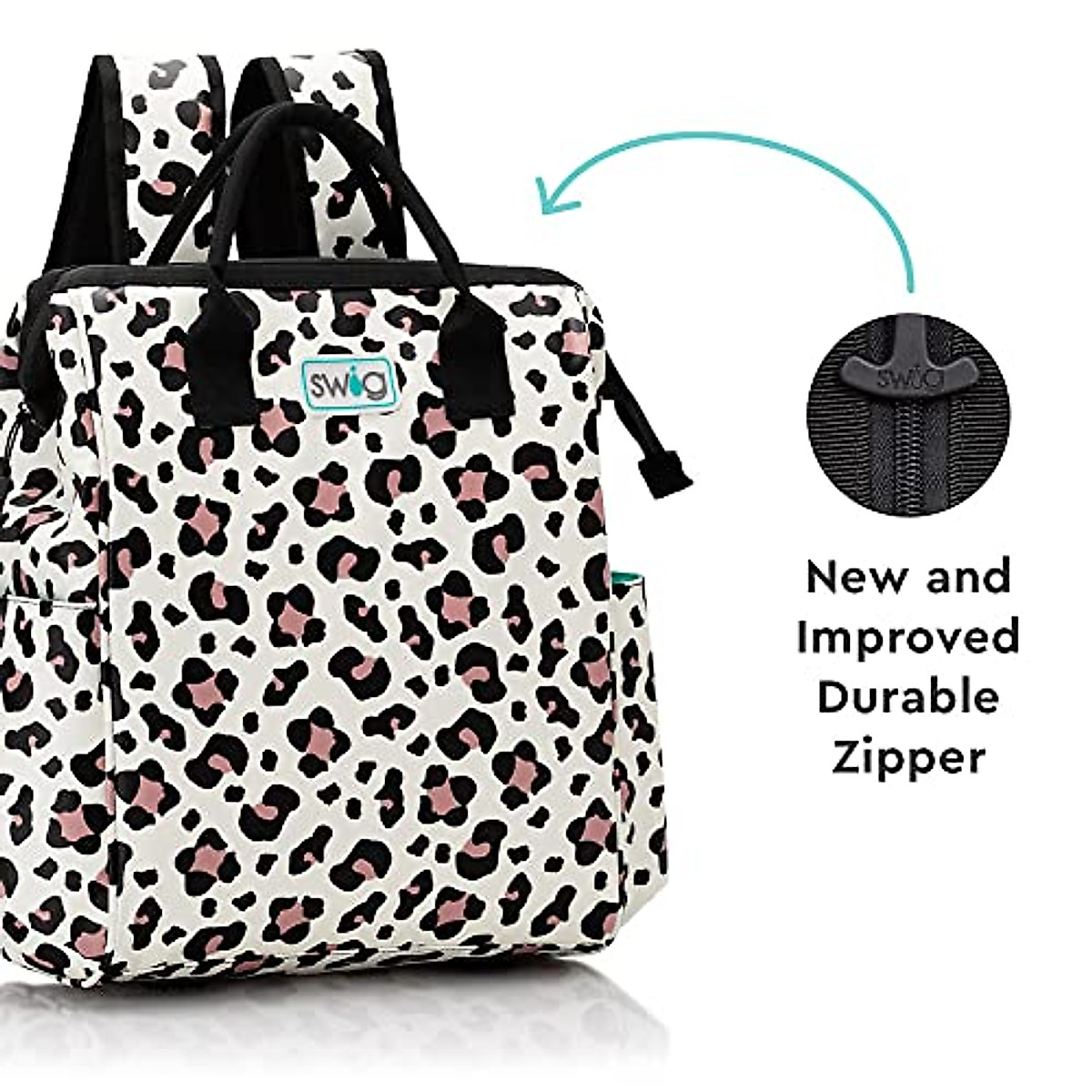 Swig Life Packi Backpack Cooler, Portable, Lightweight, Leak Proof Lining & Waterproof Beach Backpack with Padded Shoulder Straps, Magnetic Snap Pockets & New and Improved Dual Zipper (Luxy Leopard)