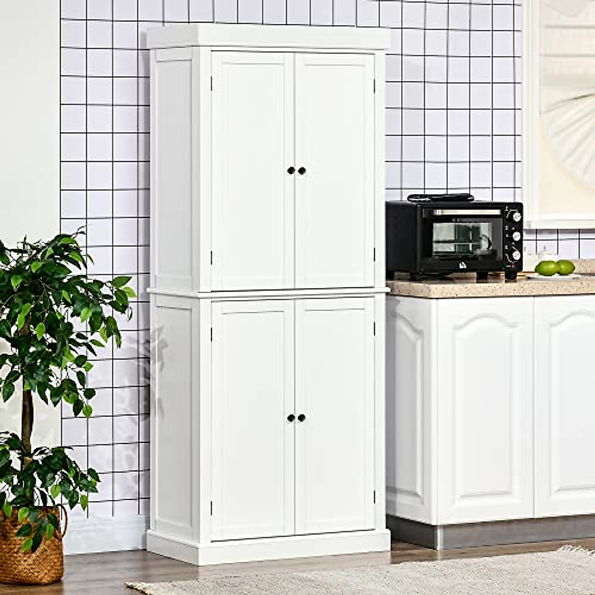 HOMCOM Freestanding Modern 4 Door Kitchen Pantry, Storage Cabinet Organizer with 6-Tier Shelves, and 4 Adjustable Shelves, White
