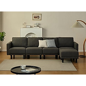 Mxfurhawa Modular Sectional Sofa with Ottoman, 128.6" Oversized L Shaped Couch with Reversible Chaise, Convertible Velvet Sleeper Couch for Living Room (Linen - Dark Grey, 4 Seat + 1 Ottoman)