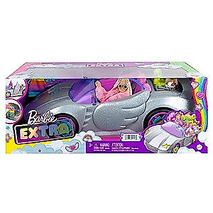 Barbie Extra Toy Car with Fashion Accessories & Puppy, Sparkly Silver 2-Seater Convertible with Hood Storage & Pet Pool