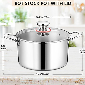 THEGA Stainless Steel Stock Pot - Large Stock Pot With Lid, Round Stock Pot With Soft-Touch Handles, Tri-ply Pasta/Chicken/Soup Pot, Stockpot For Steaming And Stewing, Dishwasher Safe, 8QT