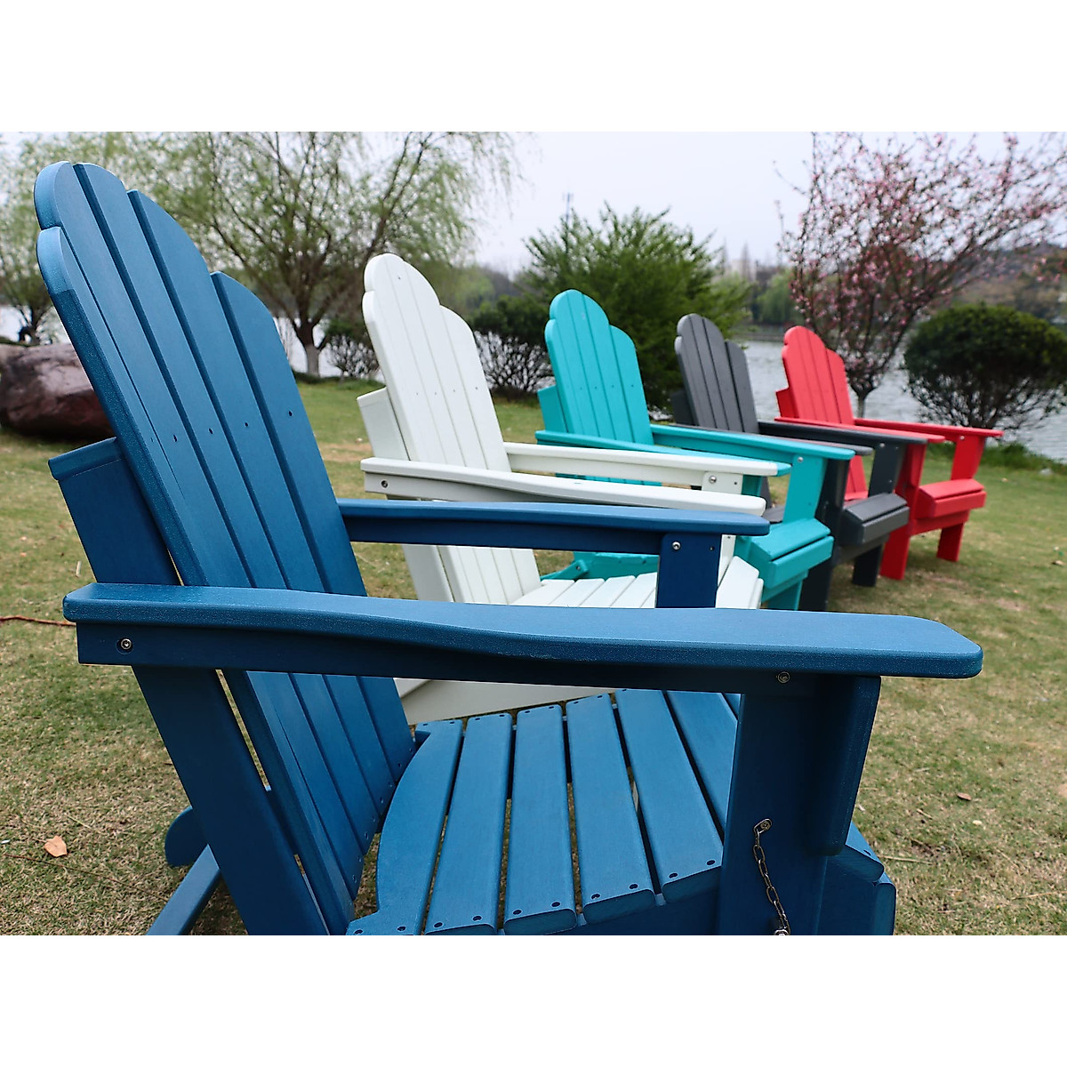 Aoorun Fan Shaped 5-Piece backrest, 420lbs, Widened seat, All Weather Resistant, Foldable HDPE Recyclable Plastic Adirondack Chair-Blue