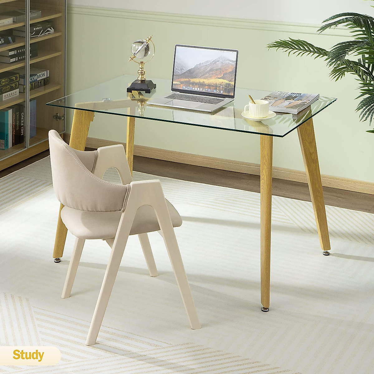 Bacyion Glass Dining Table - 47 Inch Kitchen Table for 2 or 4, Modern Rectangle Dinner Tables with Metal Legs, Wood Skin, Small Dining Room Table for Apartment or Small Spaces,Easy Assembly, Natural