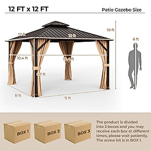 Tangkula 12x12 FT Hardtop Gazebo, Patio Gazebo with Galvanized Steel Double Roof & Aluminum Frame, Permanent Pavilion Outdoor Gazebo with Netting & Curtains for Patio, Garden, Lawn, Backyard, Deck