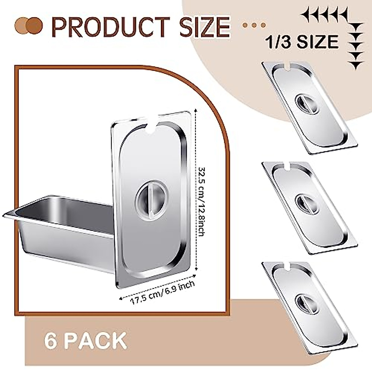 Bokon 6 Pack 1/3 Steam Table Pan Covers Stainless Steel Hotel Pan Lid with Handle Catering Food Pan Cover Slotted Notched Universal Food Pan Lid