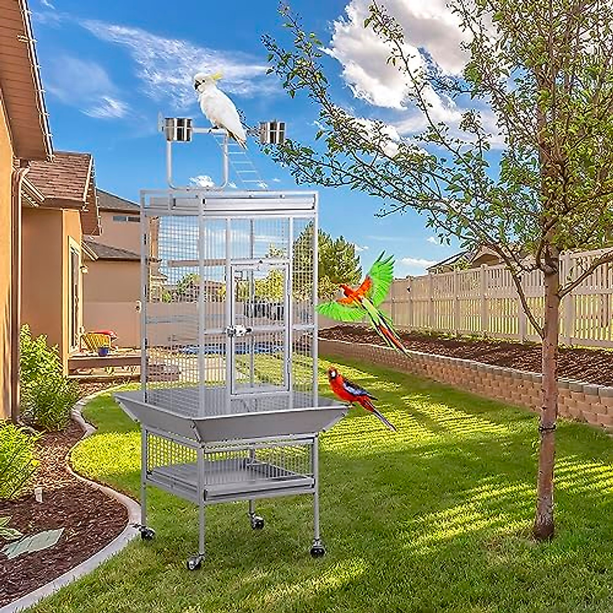 ZENY 61-inch Large Parrot Cockatiel Bird Cages with Wrought Iron Play Top, Aviary with Rolling Stand for Sun Parakeet Quaker Conure Lovebird Budgie Finch African Grey White Birdcage (White)
