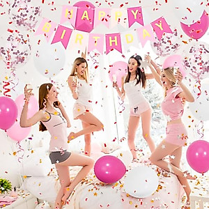 Pink Birthday Decorations, Happy Birthday Banner, Pink Birthday Balloons Decorations, 16 pcs 12 inch Happy Birthday Balloons with 2 Ribbons for Girl and Women Birthday Party Decoration