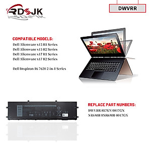DWVRR Laptop Battery for Dell Alienware X15 R1 R2 X17 R1 R2 Inspiron 16 7620 2-in-1 Alienware X15 R1 NAWX15R101 X17 RTX 3080 P48E Series 817GN 0817GN NR6MH 0NR6MH 0017GN 11.4V 87Wh 7250mAh
