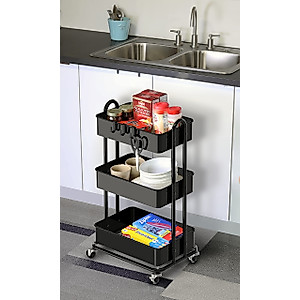 Simple Houseware Heavy Duty 3-Tier Metal Utility Rolling Cart, Black