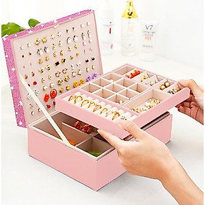 QBestry Jewelry Box for Earrings for Girls Jewelry Organizer Box Earring Holder Organizer for Girls Earring Box Jewelry Box Stud Earring Organizer for Girls Earring Jewelry Boxes for Women Pink Bling