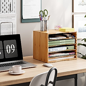 Bamjoy Bamboo 5 Tier Desktop Organizer, Paper Organizer Mail Sorter, File Holder Letter Document Storage with Adjustable Shelves for School Home Office, Natural