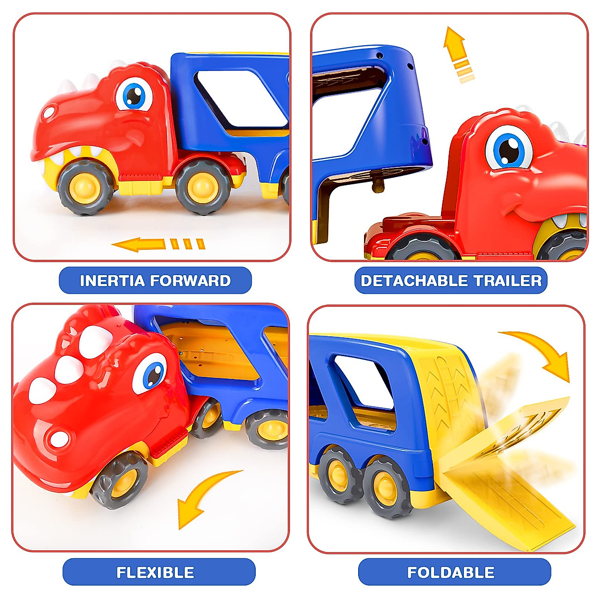 Aoskie Toddler Toys for 1 2 3 Year Old Boys Grils, Dinosaur Truck Toys for Kids with 4 Pull Back Dino Car, Christmas Party Birthday Gift