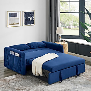 Miscoos 55" Velvet Convertible Sofa Modern Loveseat with Pull-Out Bed, Adjustable Backrest, Detachable Arm Pockets, Grid Design Armrests, and 2 Pillows-Ideal for Living Room, Blue