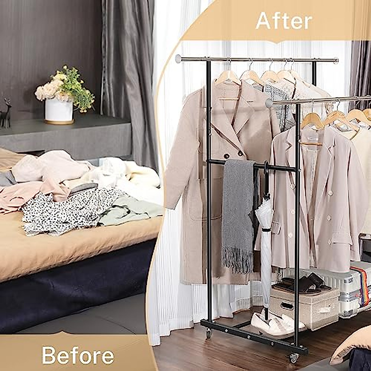 VICERII Double Clothing Rack, Heavy Duty Clothes Rack with Wheels and Extra Wide Bottom Shelf, 52.36’’ Garment Racks for Hanging Clothes, Coats, Shirts, Skirts, Dresses, 130LB Capacity, Black