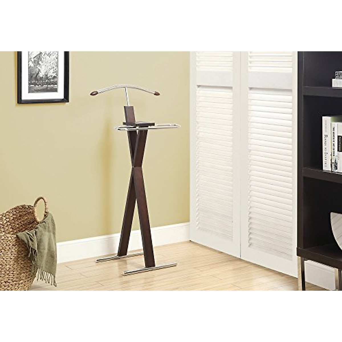 Monarch Specialties 2024 Valet Stand, Organizer, Suit Rack, Bedroom, Wood, Metal, Brown, Chrome, Contemporary, Modern Accent Espresso, 21" L x 14.25" W x 42.5" H, Cappuccino