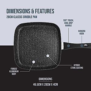 Blackmoor 66170 11” Grill Pan/Raised Edges & Thick Ridges For Searing Meats & Veg/Stylish Black Marble Finish/Non-Stick & Anti-Scratch/Cool Touch Handle/Suitable for Induction, Electric and Gas Hobs