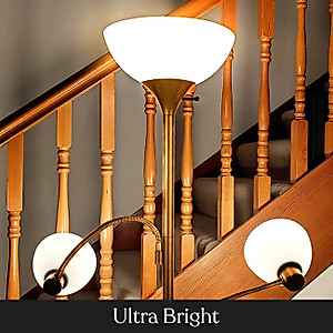 Brightech Sky Dome Double LED Floor lamp, Torchiere Super Bright Floor Lamp with 2 Reading Lamps for Living Rooms & Offices - Dimmable Tall Standing Lamp for Bedroom Reading - Tall Brass Pole