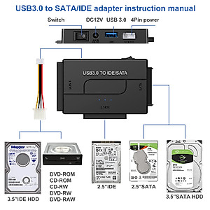 USB 3.0 to SATA IDE Hard Drive Reader, YINNCEEN External Hard Drive Ultra Recovery Converter Universal Hard Drive Adapter Kit for 2.5/3.5 HDD/SSD Hard Drive Disk, Include 12V/2A Power Adapter