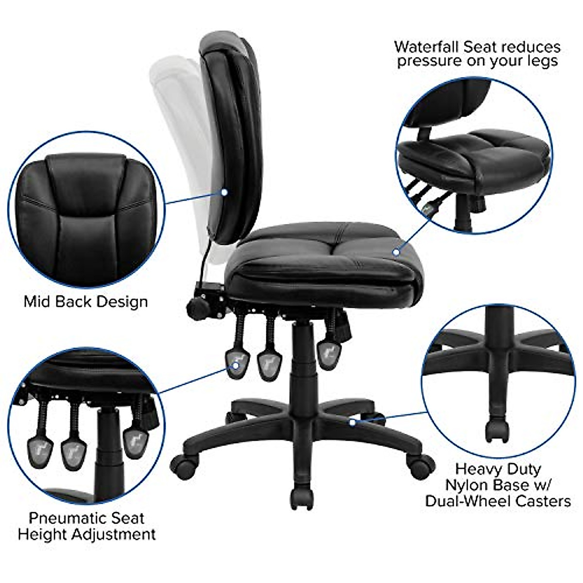 Flash Furniture Caroline Mid-Back Black LeatherSoft Multifunction Swivel Ergonomic Task Office Chair with Pillow Top Cushioning
