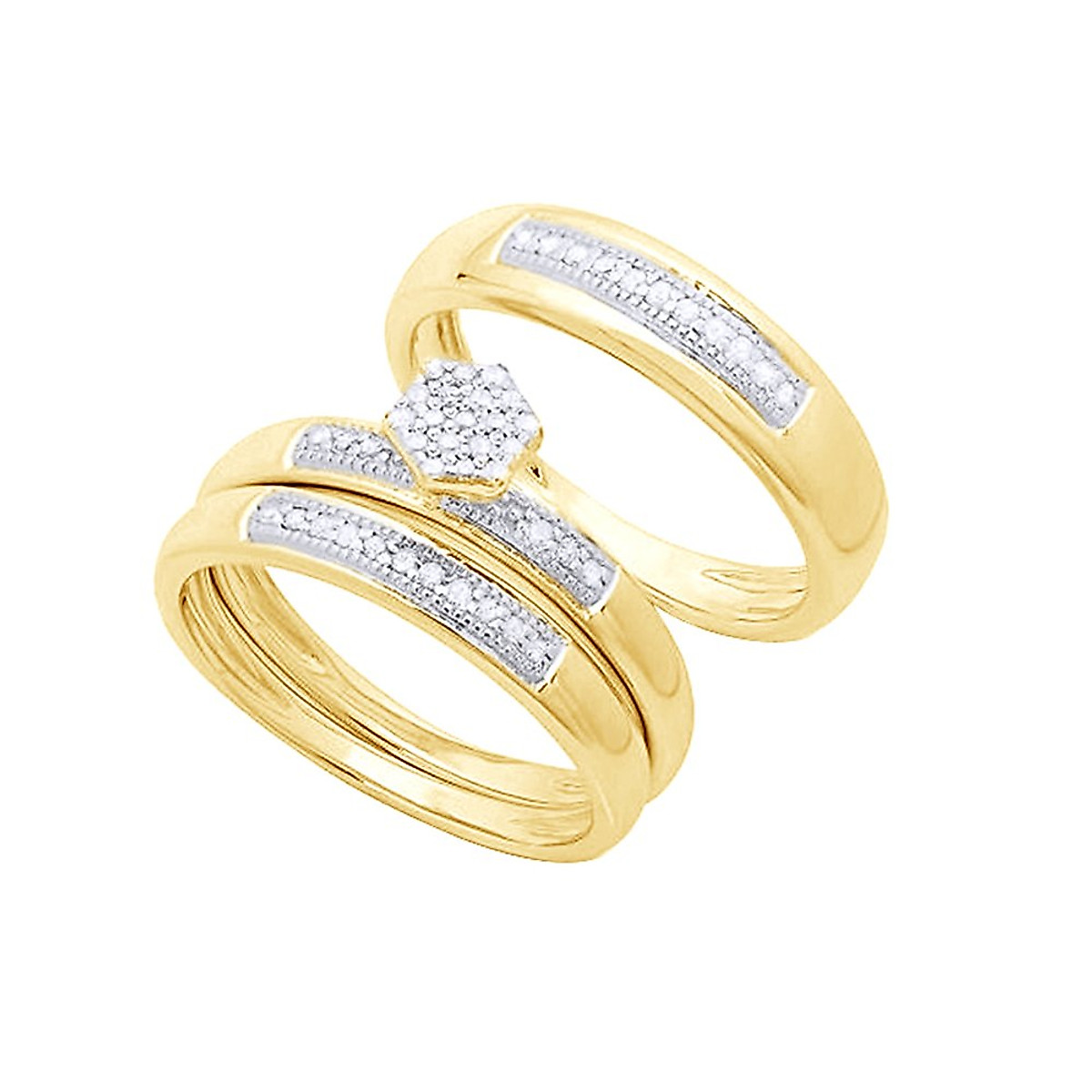 AFFY White Natural Diamond Engagement & Wedding Trio Band Ring Set in 14k Yellow Gold Over Sterling Silver (0.3 Carat)