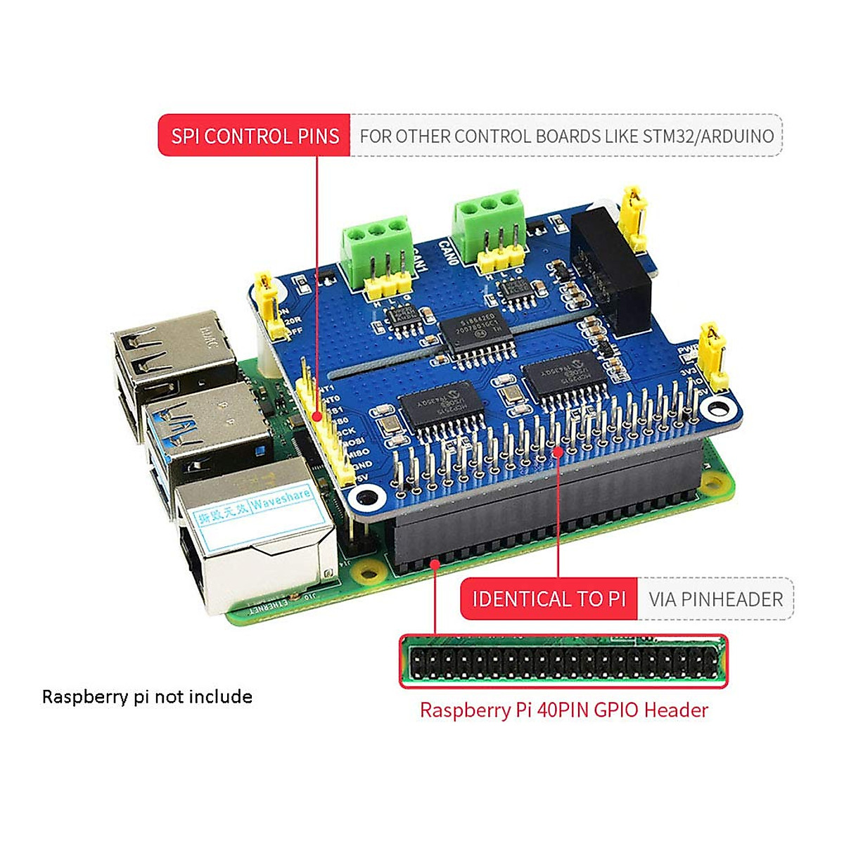 Coolwell Waveshare 2-Channel Isolated CAN Bus Expansion HAT for Raspberry Pi Series Boards MCP2515 + SN65HVD230 Dual Chips Solution Multi Allows 2-CH CAN Communication