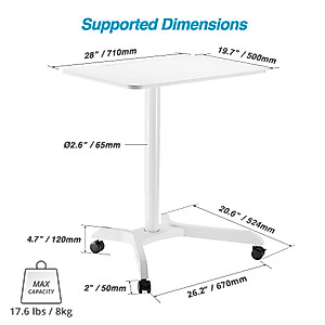 AVLT 44" Ambidextrous Pneumatic Laptop Standing Desk Cart (3 ft 8 in) - Mobile Rolling Desk - Computer Projector Cart - Rolling Height Adjustable Folding Desk - Mobile White Cart with Brake