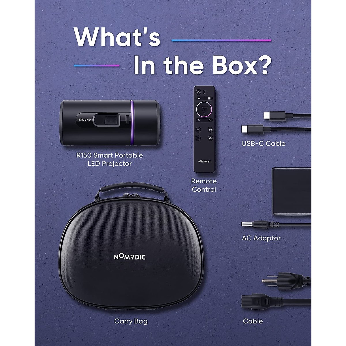 NOMVDIC R150 Mini Projector, Portable Battery Operated Projector with 4hrs of Playtime , Ceiling Projector with 90˚ Rotating Lens, 6W Harman Kardon Speaker, Auto Keystone