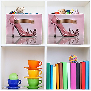 Burbuja Pink High Heel Shoes Butterfly Storage Basket - 2 Pack Collapsible Storage Bins Large Closet Organizer Fabric Baskets for Clothes, Home, Office, Shelves