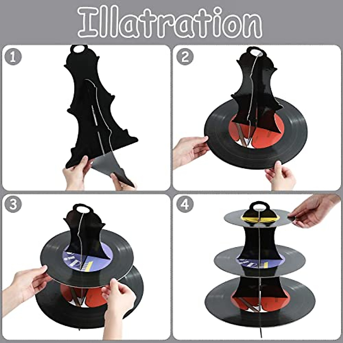1950's Rock and Roll MusicTheme, 3-Tier Paper Record Cake Stand Cupcake Tower for 8-12 Cupcakes Perfect for 50's Theme Party Music Party Birthday Party Supplies, Gift for Music Lover