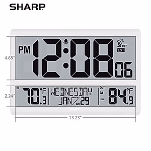 SHARP Atomic Clock - Never Needs Setting! –Easy to Read Numbers - Indoor/Outdoor Temperature, Wireless Outdoor Sensor - Battery Powered - Easy Set-Up!! (4" Numbers)