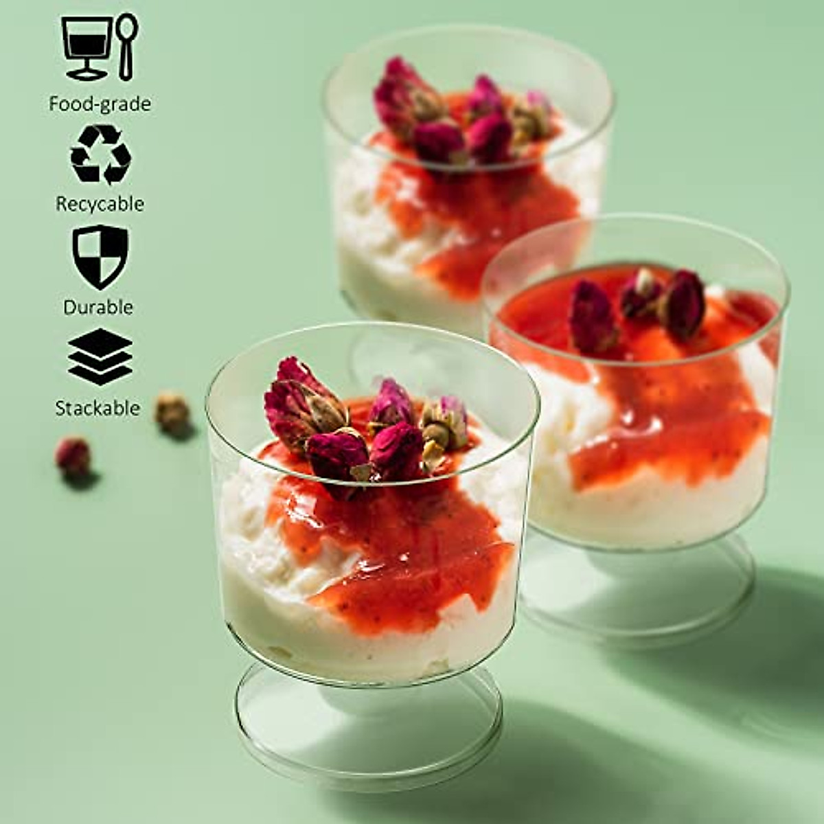 Ruisita 120 Packs 2 Ounces Mini Dessert Cups with Spoons Footed Trifle Bowl with Pedestal Clear Plastic Wine Glasses Parfait Appetizer Cups Serving Bowls for Tasting Party, Wedding, Birthday