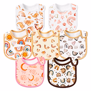 2ooya 7Pcs Cotton Waterproof Baby Bibs Adjustable Hook Loop Closure Baby Bib with Rainbow Pattern Unisex Newborn Baby Food Bib for Drooling Feeding Eating Teething Keepsake Gift for Baby, 6-12 Months