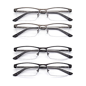 HIGHLIKE 4-Pack Blue Light Reading Glasses for Men, Metal Half Frame Readers Spring Hinge Clear Lens Eyeglasses with Pouches, Semi Rimless 2 Black 2 Gunmetal 2.0 x