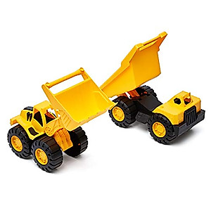 Amazon Basics Toy Construction Vehicle Set, Dump Truck and Bulldozer, Indoor/Outdoor, 10-Inch, Pack of 2, Yellow, 10.25" x 12" x 5.75"