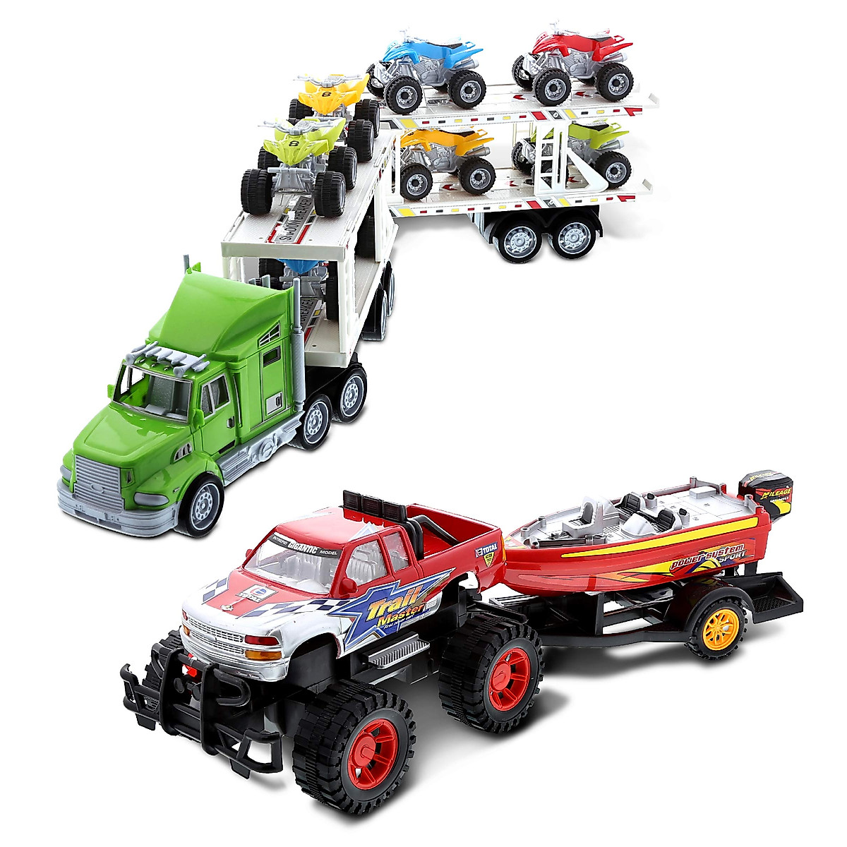 Mozlly Bundle of Friction Powered Hauler ATVs or Monster Trucks Car Carrier Playset & Monster Truck with Speed Boat Trailer Transport Toys - Push & Go