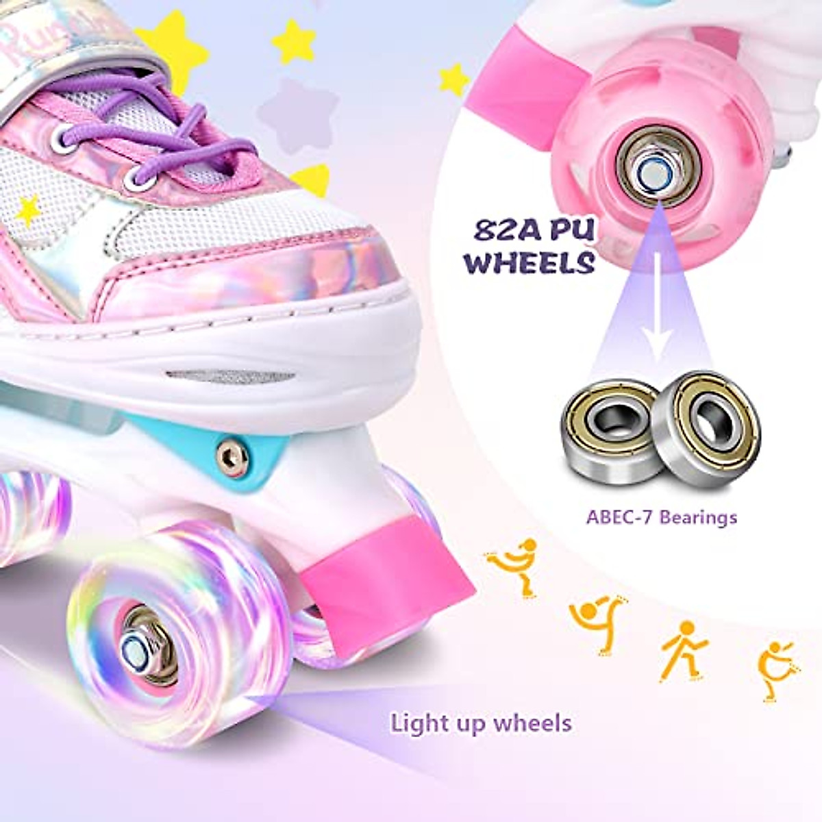 Runcinds Toddler Roller Skates for Girls Kids, 4 Size Adjustable Kids Roller Skates for Little Girls with Light Up Wheels