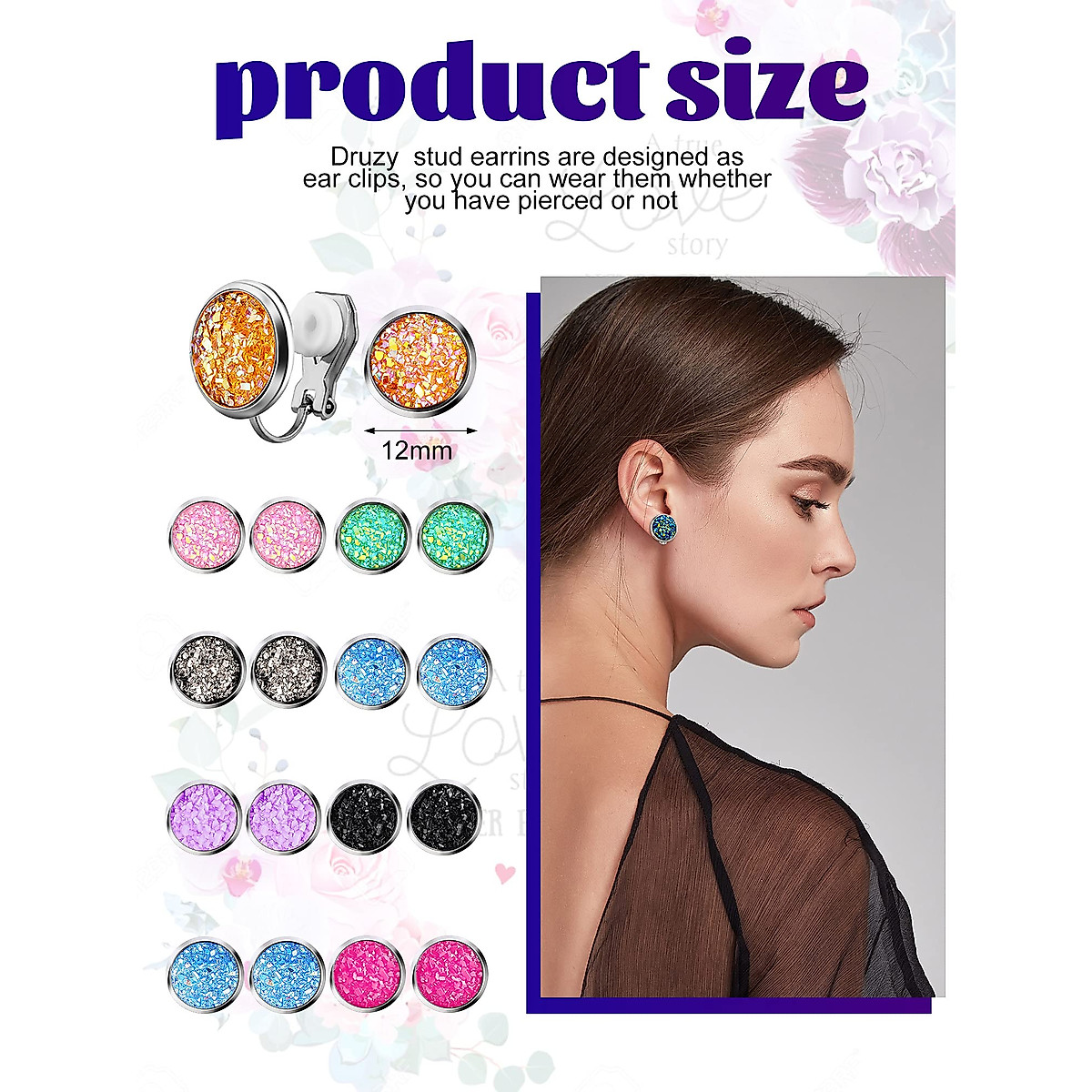 32 Pairs Clip on Earrings for Women Clip on Stud Earrings Bohemian Round Faux Druzy Earrings Ear Clip Stainless Steel Earrings Jewelry for Women(Clip-on Style)