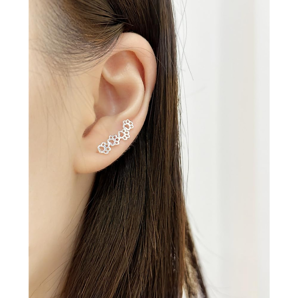 Paw Ear Cuff Wrap Crawler Climber Earrings for Women Teen Girls Sterling Silver Studs Clip On Cute Dog Cat Pin Hypoallergenic Piercing Jewelry (Silver)