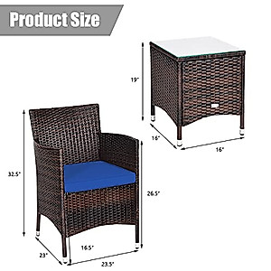 KOTEK 3 Piece Patio Furniture Set, Outdoor Wicker Conversation Set w/Glass Top Coffee Table, Thick Cushions, Rattan Bistro Set for Patio, Garden, Porch, Lawn (Navy)