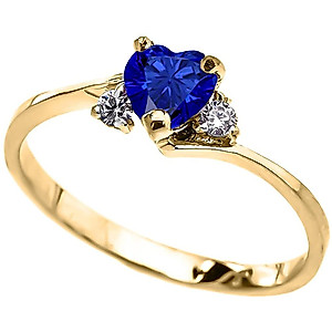 10K Yellow Gold Heart Cut Lab Grown Blue Sapphire & White Cubic Zirconia Three Stone Bypass Band September Birthstone Engagement Ring - Size 7
