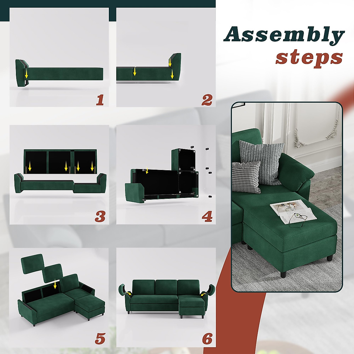 Vongrasig 79" Convertible Sectional Sofa Couch, 3 Seat L Shaped Sofa with Removable Pillows Linen Fabric Small Couch Mid Century for Living Room, Apartment and Office, Green