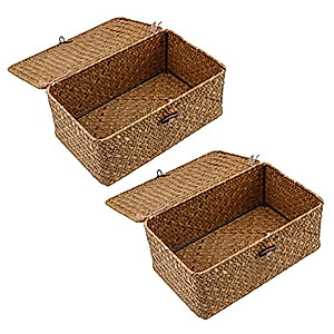 YARNOW 2pcs Seagrass Storage Baskets with Lids Rectangular Rattan Baskets Woven Wicker Storage Bins Wooden Picnic Basket Laundry Hamper Container