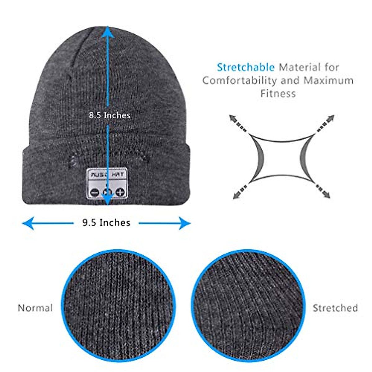 Happy-top Wireless Bluetooth Beanie Hat Winter Soft Warm Knit Music Hat Cap with Stereo Headphone Headset Speaker Mic Hands Free for Men Women Outdoor Sports Skiing Running Skating Dark Grey