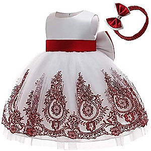AVAZU 0-6T Easter Big Bowknot Pageant Lace Embroidery Dress Toddler Baby Girls Party Ball Gown Dress Tutu Gown Formal Dresses with Headwear Red+White 70